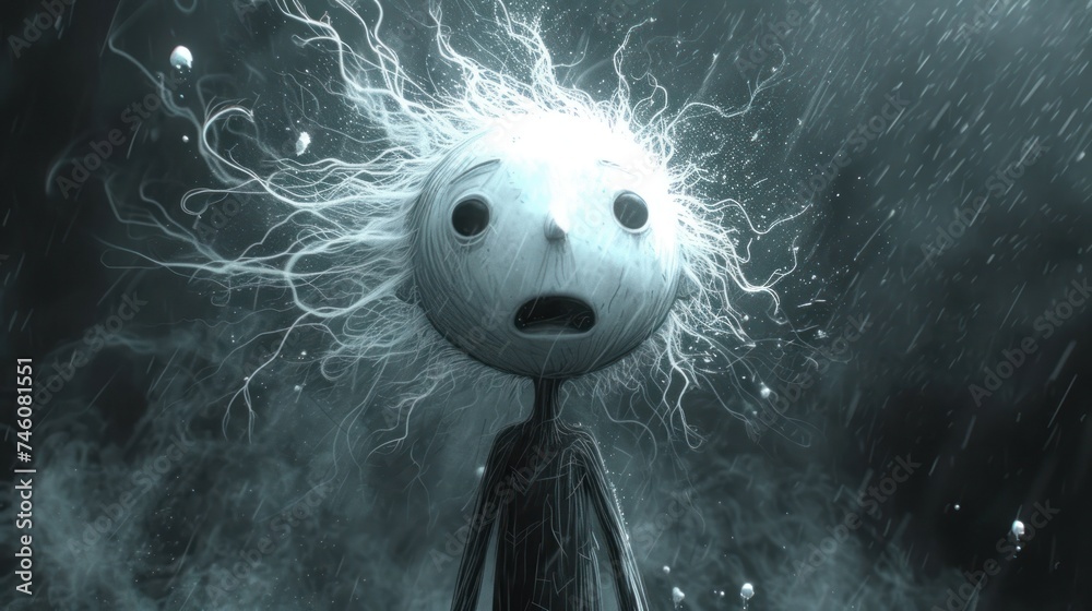 a digital painting of a strange looking creature with its hair blowing ...