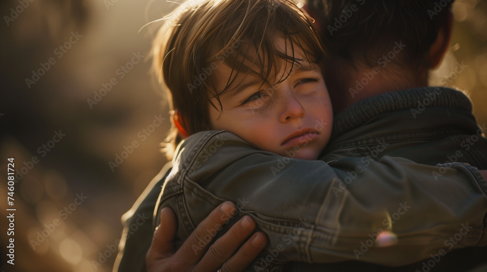 Young Boy Hugging and Embracing Father with Sad Face and Expression ...