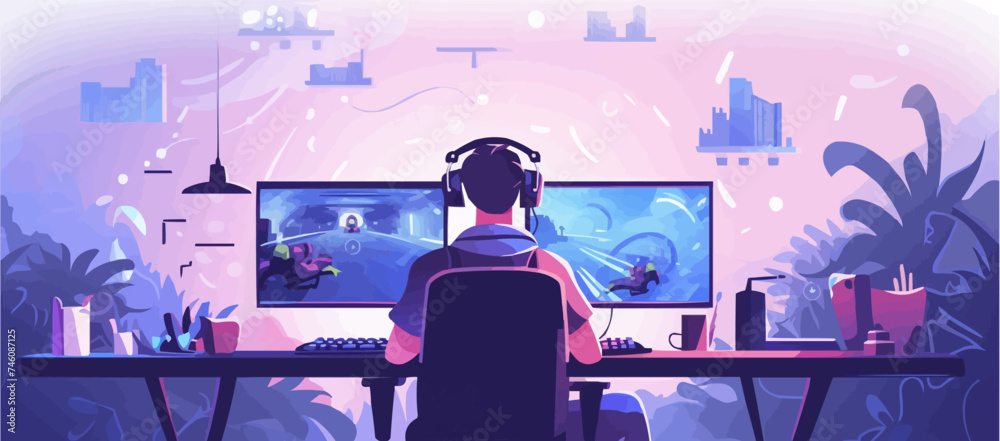 Gamer at computer streaming and commentating game process, tiny people ...