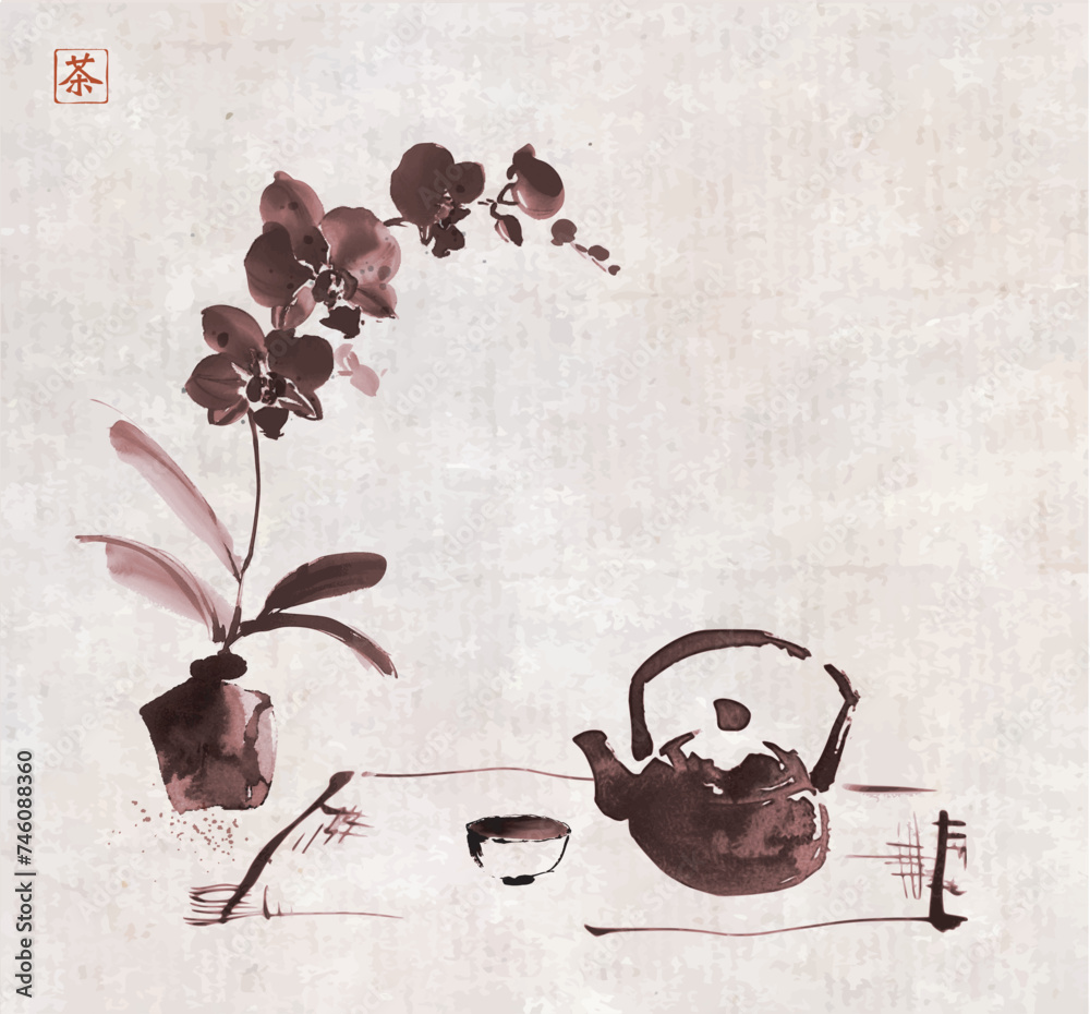 Ink wash painting with vivid orchid flowers, teapot and cups ...