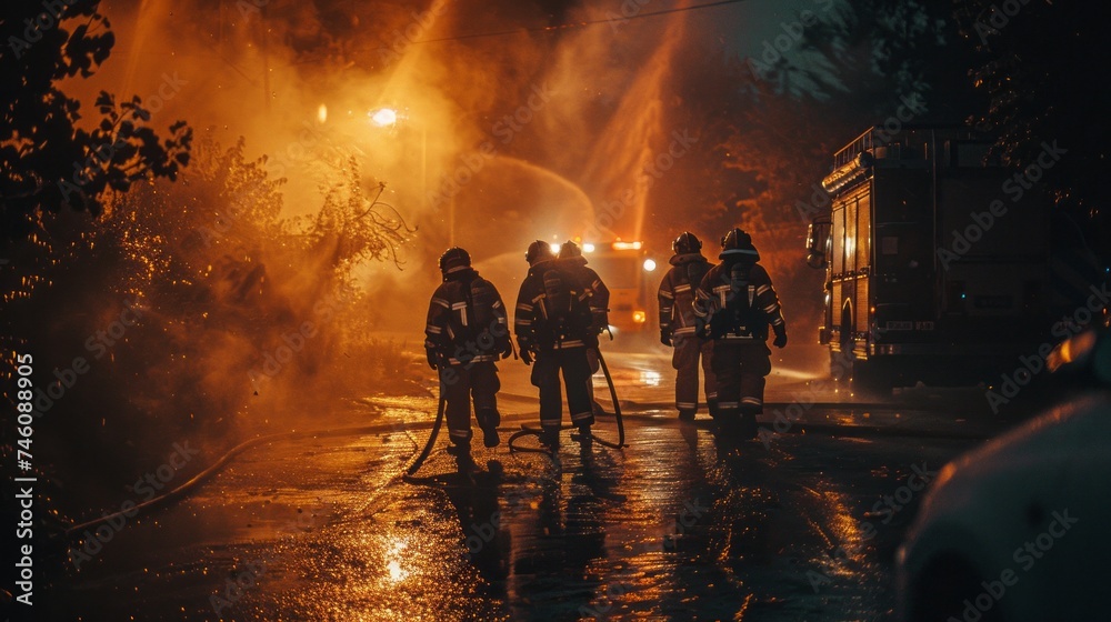 Group of firefighters battling a blaze, teamwork and bravery as they ...