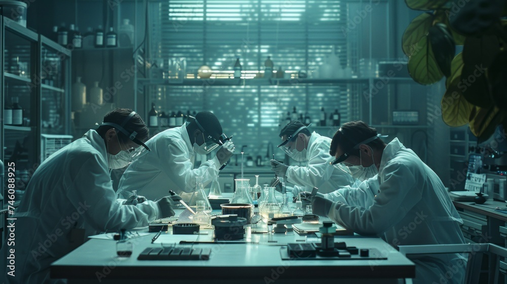Team of scientists collaborating in a laboratory, conducting experiments and analyzing data ...