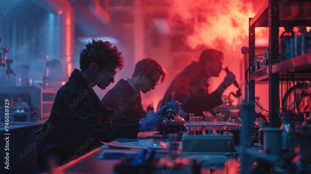 Team of scientists collaborating in a laboratory, conducting experiments and analyzing data ...