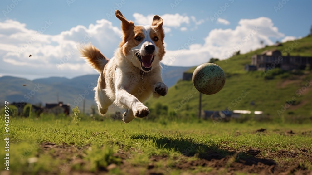 Dog running away chasing ball jump play farm stock photos Ai generated ...