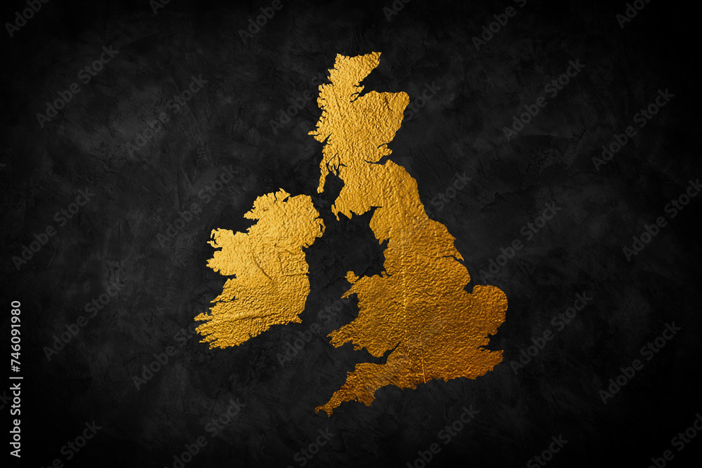 Golden map of United Kingdom, Great Britain, UK, GB map, border with ...