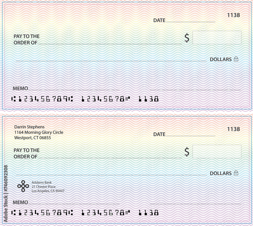 Blank template of the bank check. Checkbook cheque page with empty ...