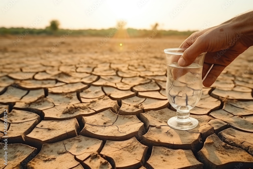 A human hand holds a glass of water amidst a parched landscape ...