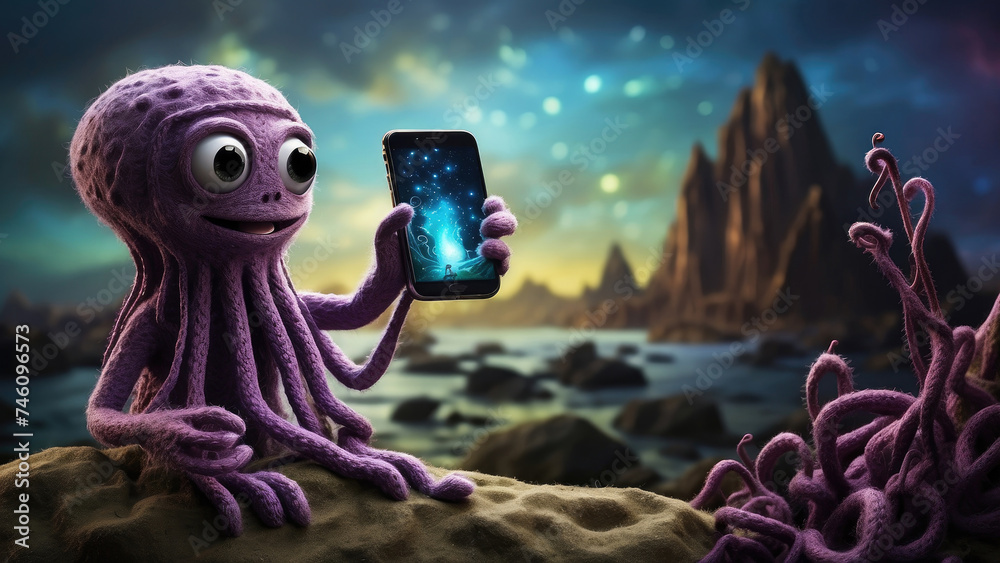 portrait of extraterrestrial felt puppet with big bulging eyes and a ...