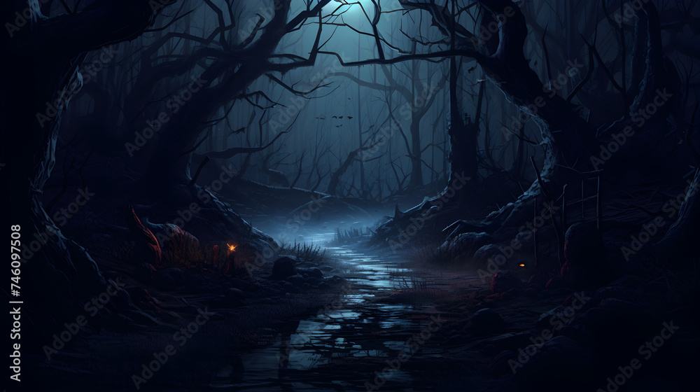 Realistic haunted forest creepy landscape at night dark forest fire ...