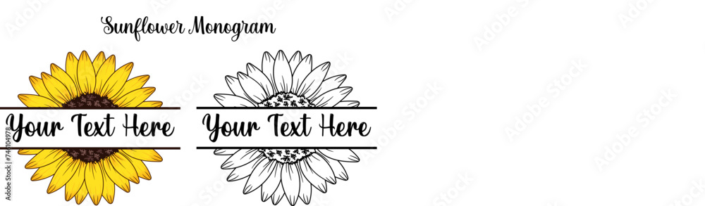 Sunflower split monogram illustration. split sunflower, hand drawn ...