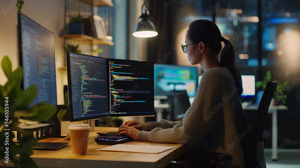 Female Programmer Coding in Modern Office with Multiple Screens Computer Setup Stock ...