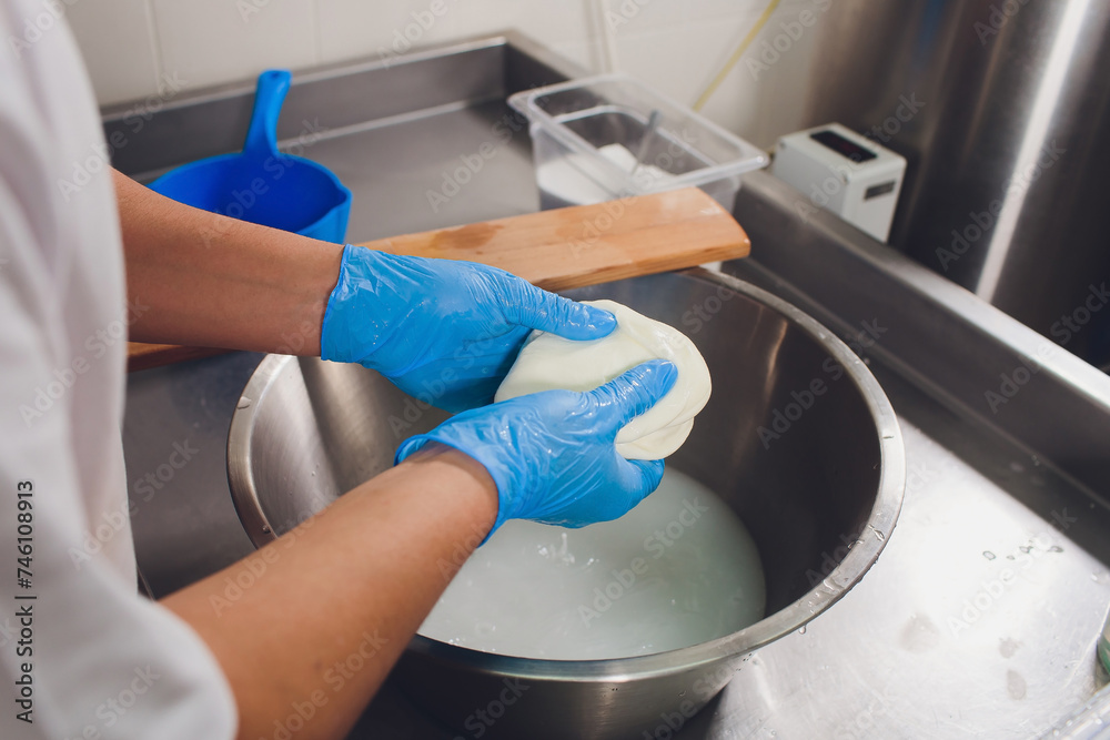 Production process of mozzarella cheese, cheese making process. Stock ...