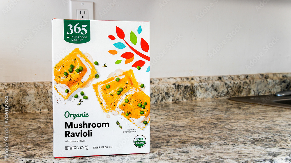 NORWALK, CT, USA - FEBRUARY 26, 2024: Box with organic mushroom ravioli ...