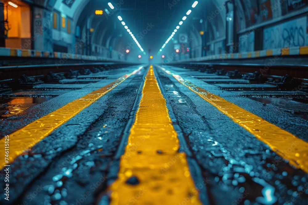 Wet railroad tracks shimmer under city lights on a rainy night ...