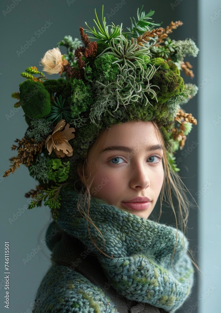 Ecological look. Portrait of a beautiful model decorated with living ...