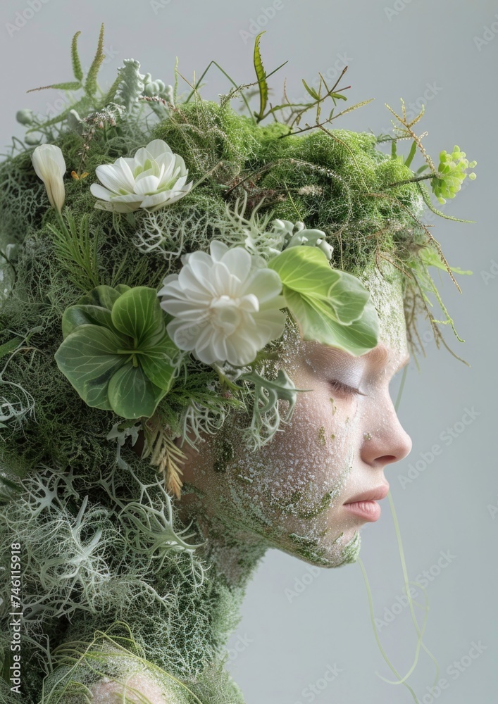 Ecological look. Portrait of a beautiful model decorated with living ...