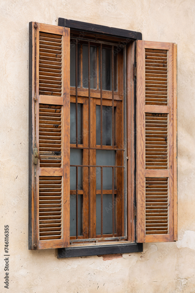 Traditional wooden shuttered window in Neve Tzedek, Tel Aviv-Yafo, with ...