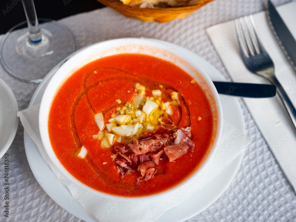 Cordoban salmorejo with ham and egg shavings is a traditional Spanish ...