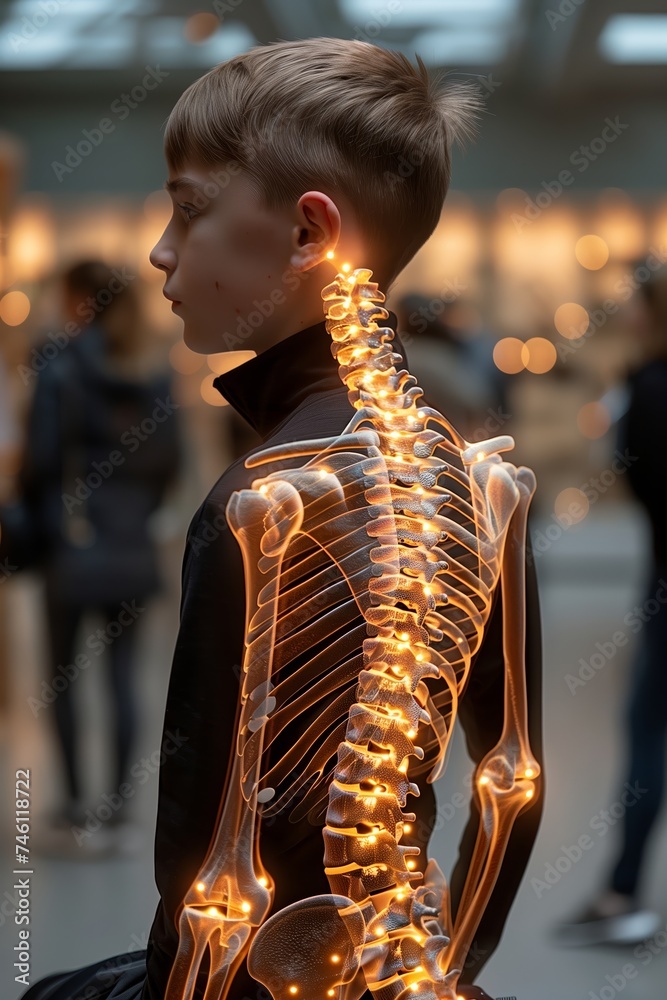 Standing boy. View semi from behind semi in profile. Upper part of ...