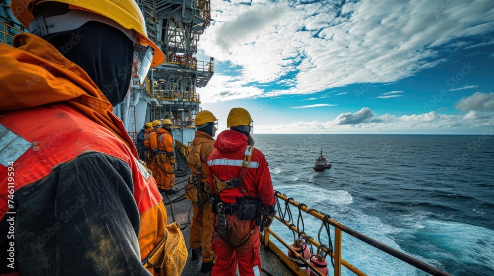 Oil workers, wearing helmets and personal protective equipment, stand ...