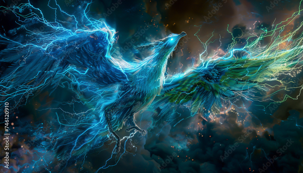 An artistic rendering of a dragon and lightning bird fusion with ...