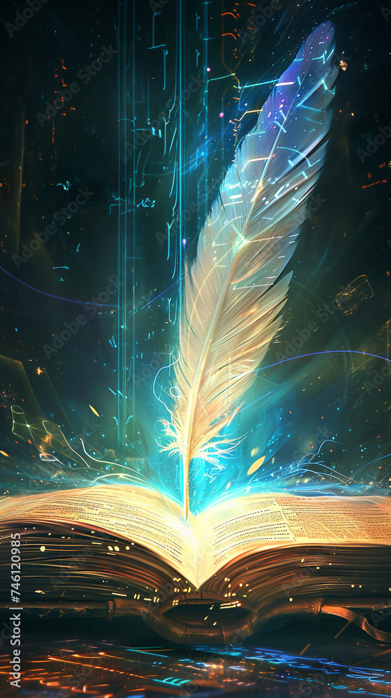 Digital art of a feather quill pen overlaying an open book pages filled ...