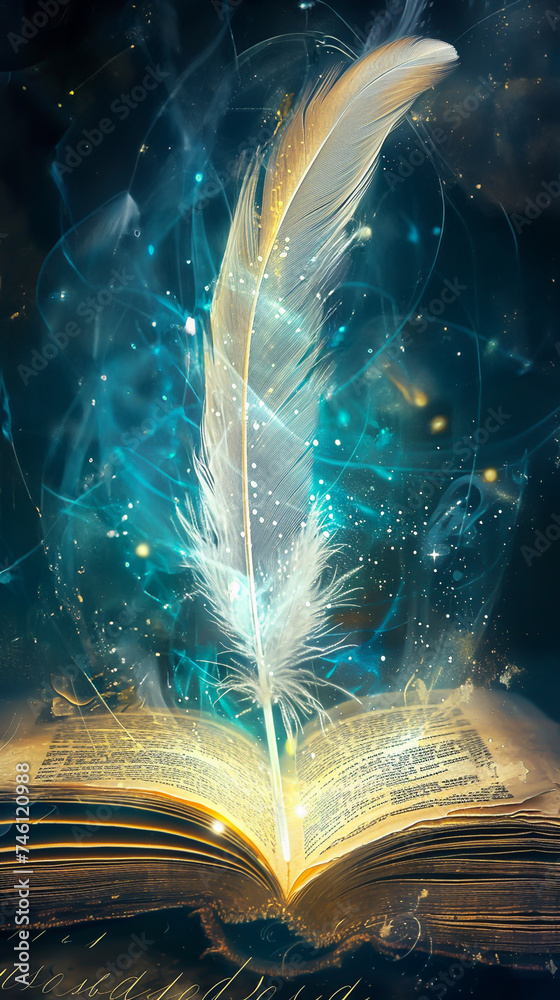 Digital art of a feather quill pen overlaying an open book pages filled ...