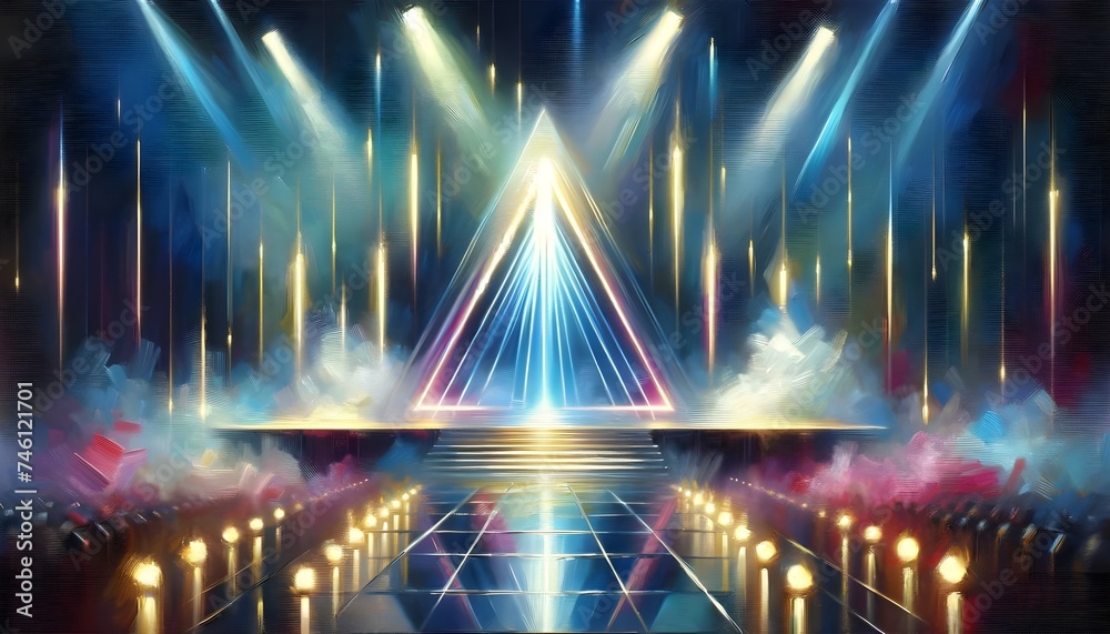 This is an impressionistic painting of a vibrant concert stage with a ...