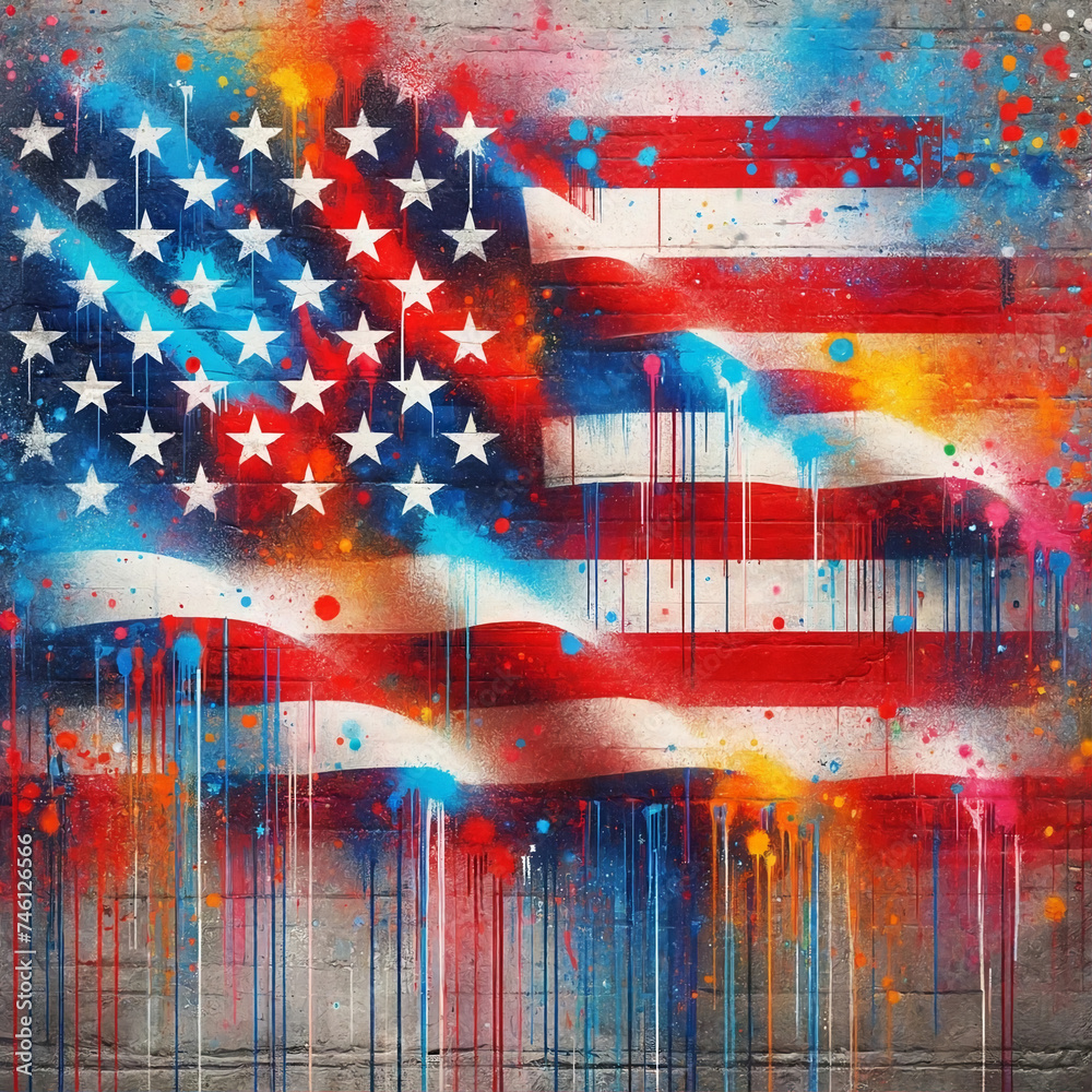 Painting of American flag in primarily patriotic colors. Image draws ...