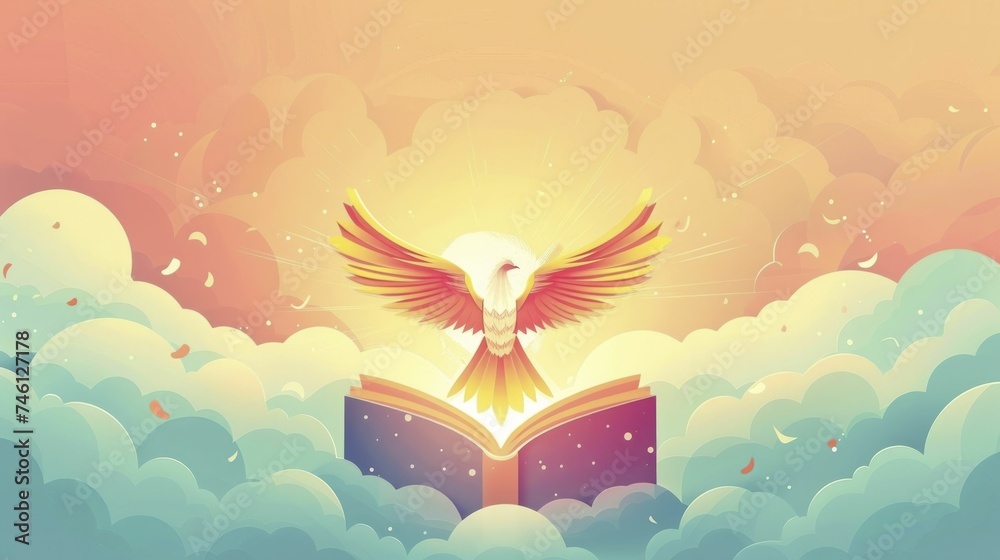 An illustration of a phoenix rising from the pages of a book, in a ...