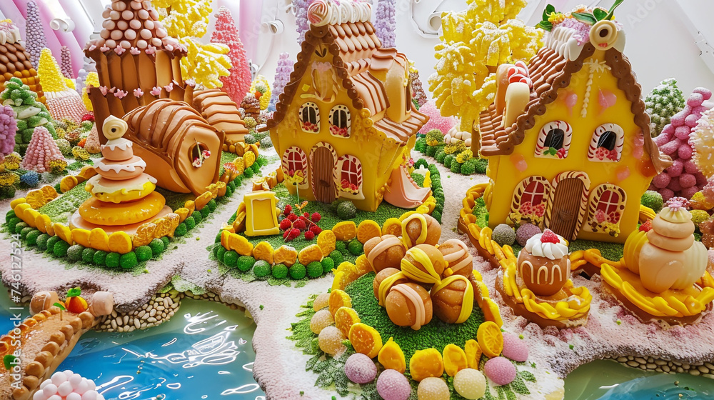 Nice and cute caramel fantasy and dream village. Yogurt lakes ...