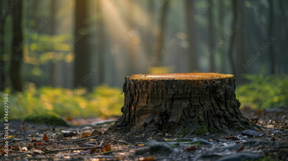 Symbolic old stump in clearing, reflects deforestation urgency and ...