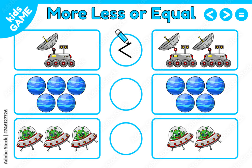 More, less or equal. Space math game for education children school ...
