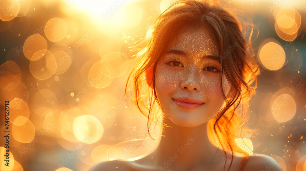 Bright Elegance: Asian Woman on Golden Glitter Background for Design ...