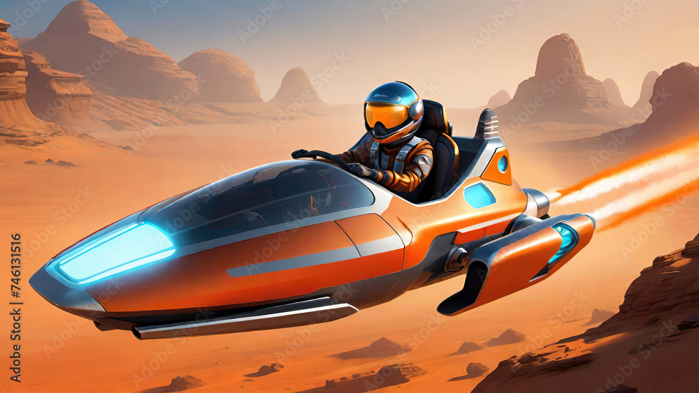 Astronaut pilot on a futuristic space vehicle flying through desert ...