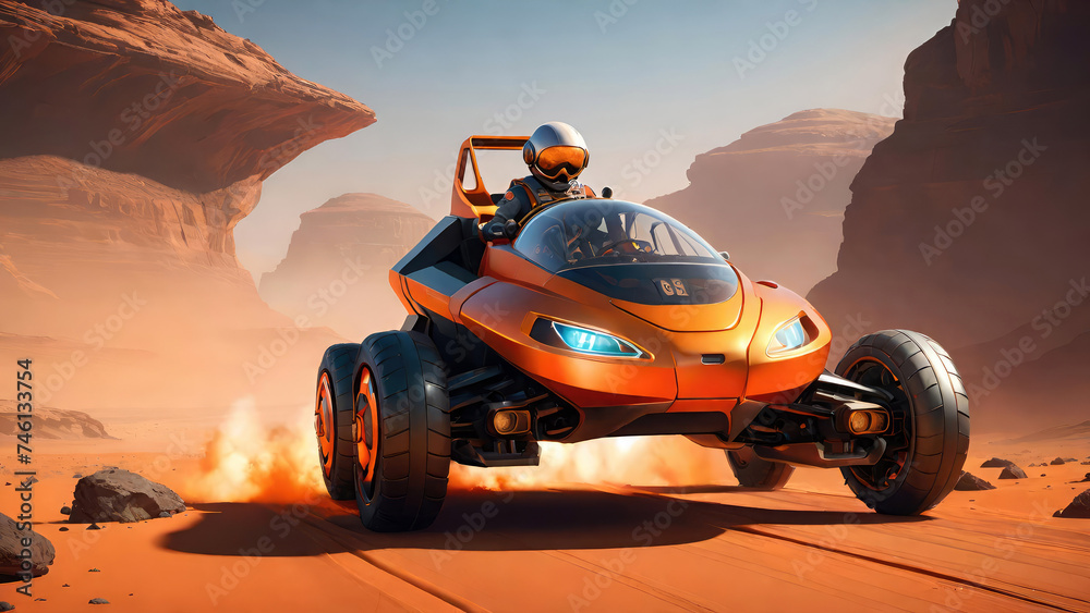 Astronaut pilot on a futuristic space vehicle driving through desert ...
