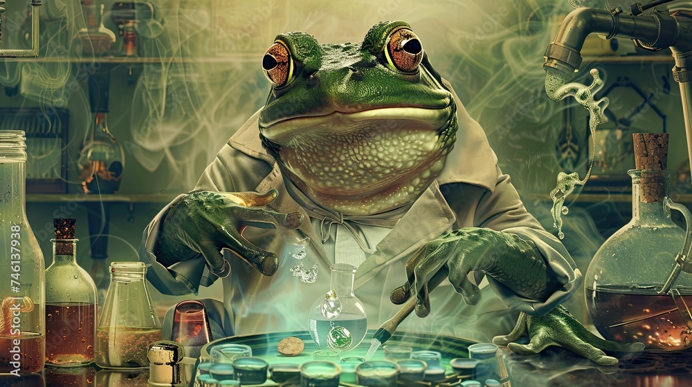 A colossal lab frog in a scientist's coat, conducting experiments ...
