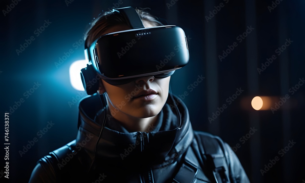Shrouded in darkness with a VR headset, a man stands immersed in a ...
