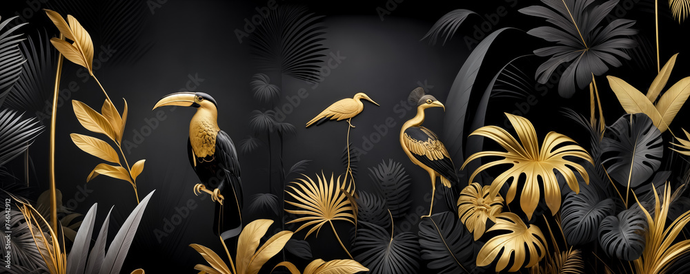 Gold black Jungle wallpaper with birds, trees, palm and tropical plant ...