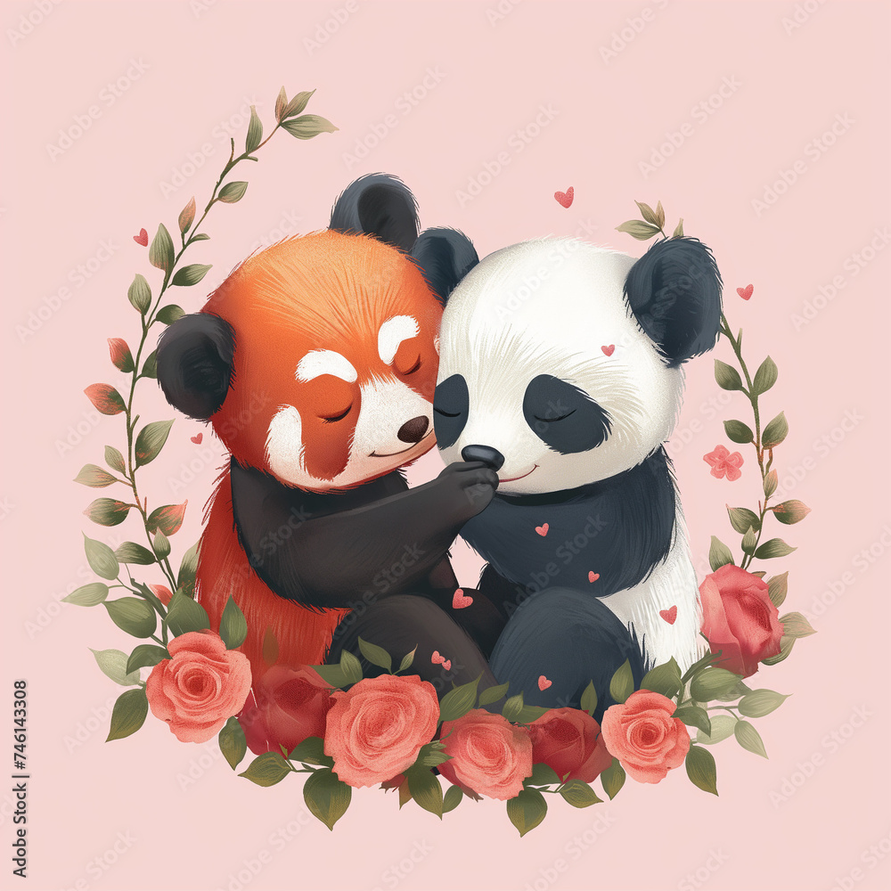 illustration of a red panda and panda bear sharing a tender moment ...