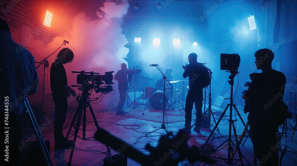 Silhouette images of video production behind the scenes. making of TV ...