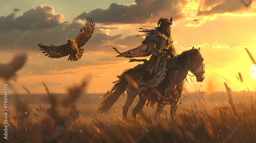 A Kazakh eagle hunter riding a horse. The hunter wearing traditional ...