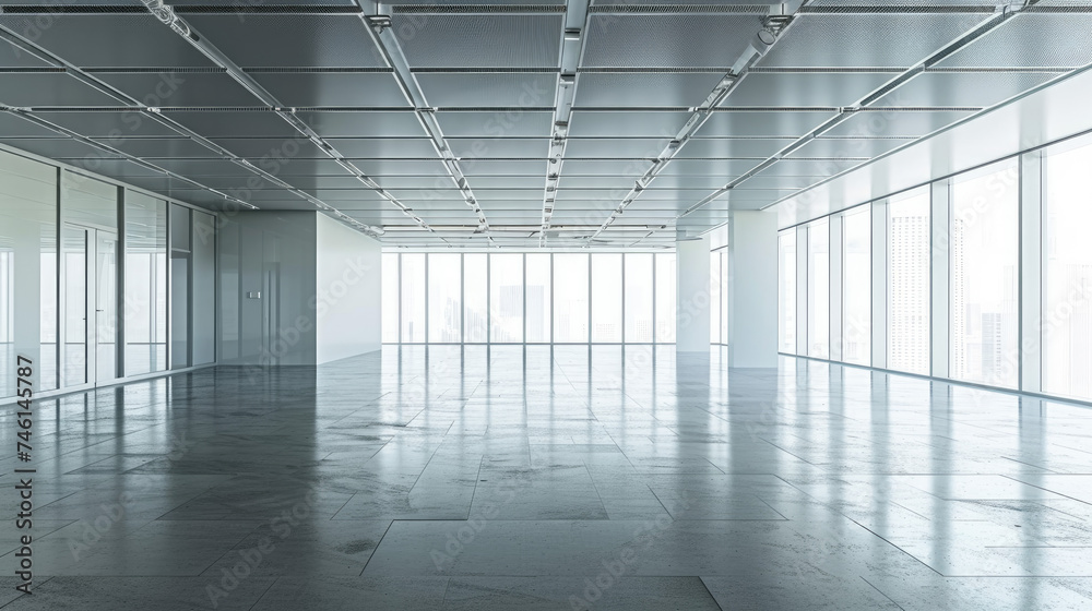 Bright, sunlit corporate office lobby with panoramic glass walls ...