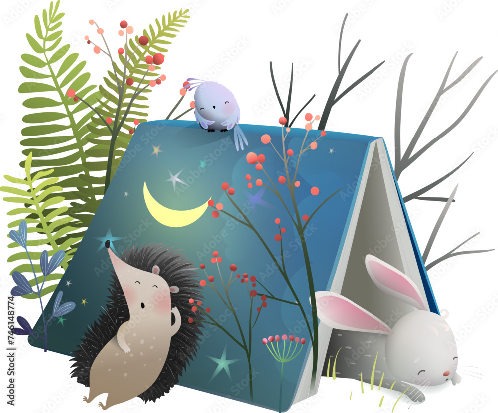Poster Rabbit bunny hedgehog and bird sleeping after reading a bedtime ...