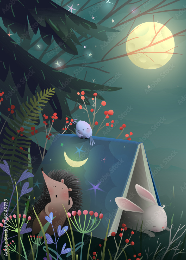 Animals in pine forest with stars and moon, sleeping under goodnight ...