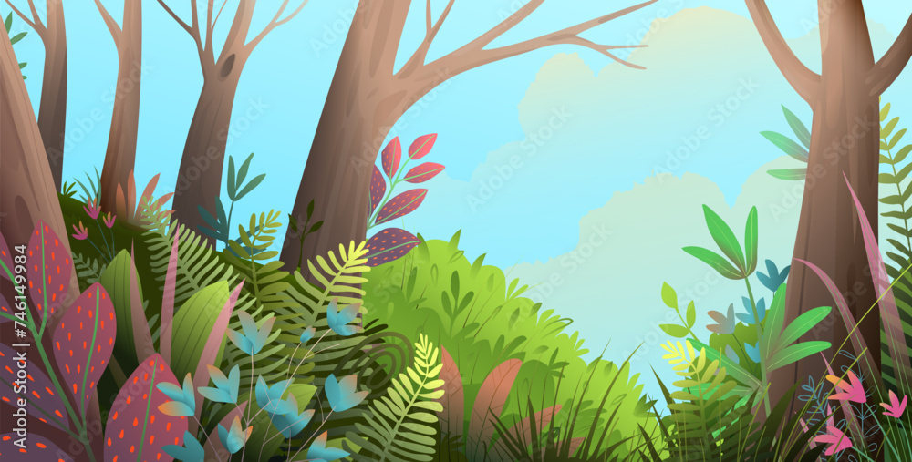 Forest background illustration for kids fairytale, cartoon magical ...