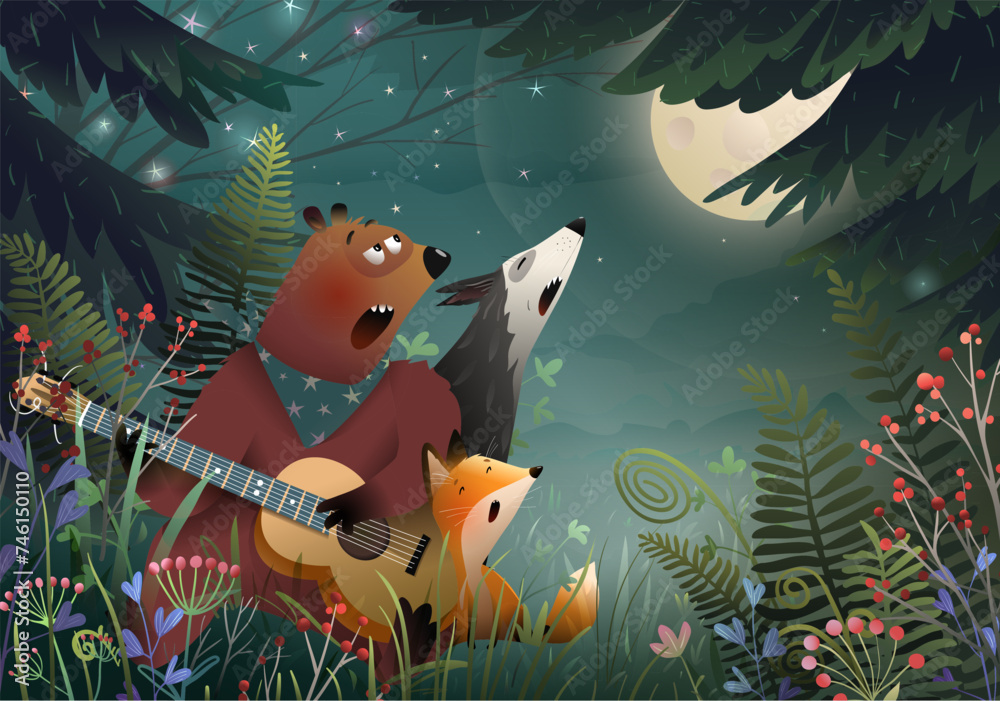 Animals musical concert in the forest singing a song and playing guitar ...