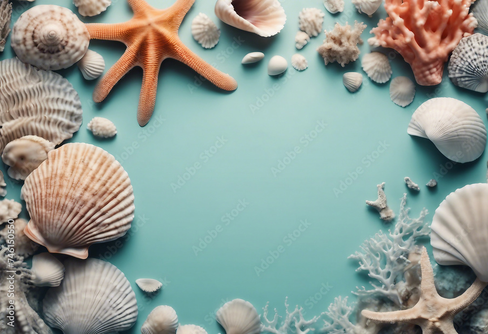 Banner background in a marine style sea patterns shells and sea-colored ...