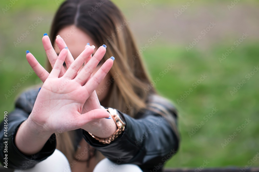 Pretty young girl making stop sign. Stop hand of woman sign of ...
