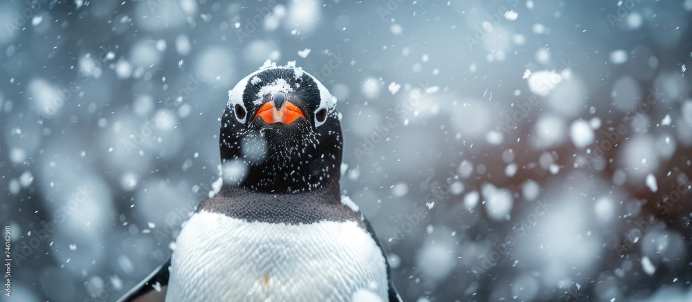 A Gentoo penguin stands tall in the snow, turning its head to reveal an ...